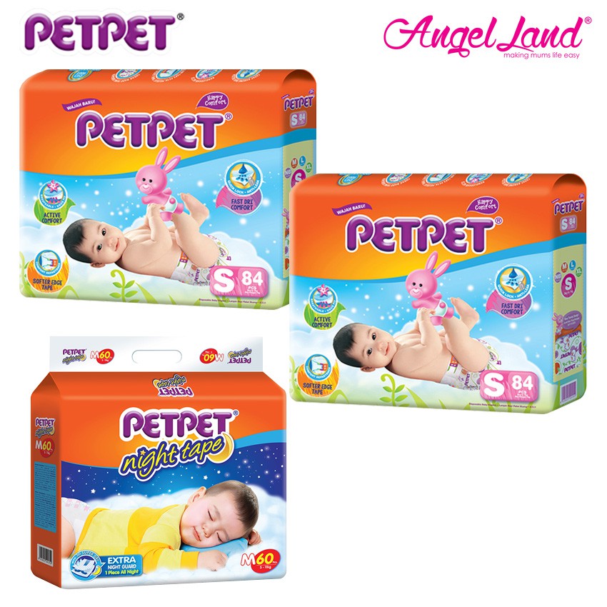 PETPET Tape Diaper Mega S84 (2pack) + Night Tape Diaper Mega M60 (1pack ...