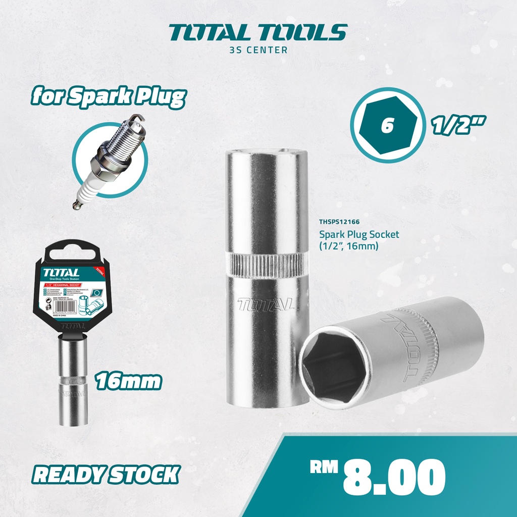 TOTAL Spark Plug Socket (16mm) for 1/2" Wrench with Rubber Insert / Retainer - THSPS12166 ...