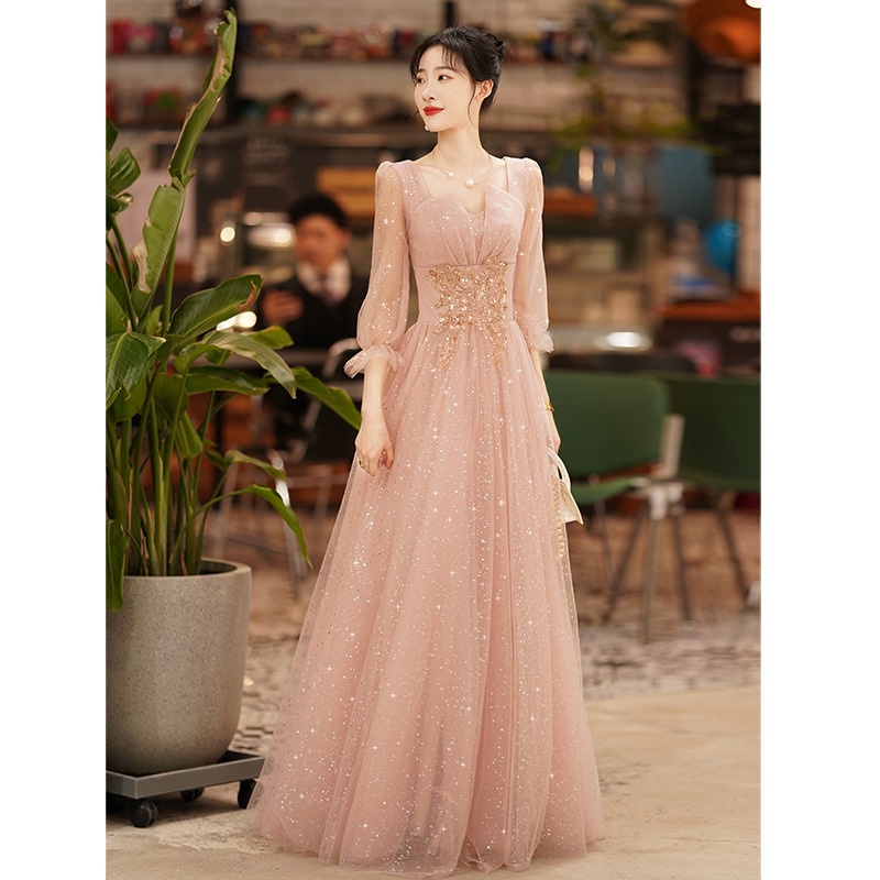 Pink Starry Sky Evening Dress Women's Banquet Temperament Ladies French ...