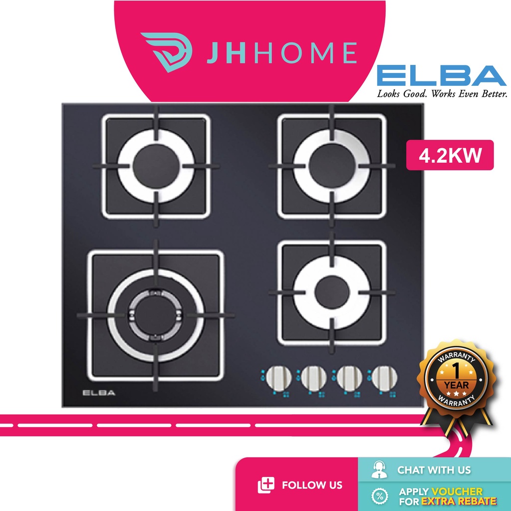 Elba 4 Sabaf Burner Glass Hob Built In Safety Valve Egh-G6404G(Bk ...