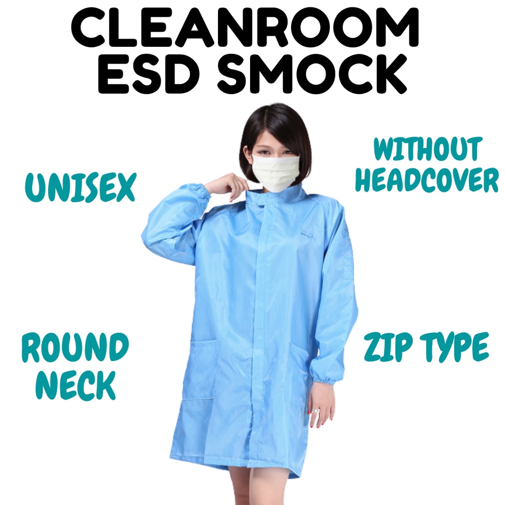 CAMCLEAN ESD Smock Cleanroom Workwear Lab Uniform Unisex Round Neck ...