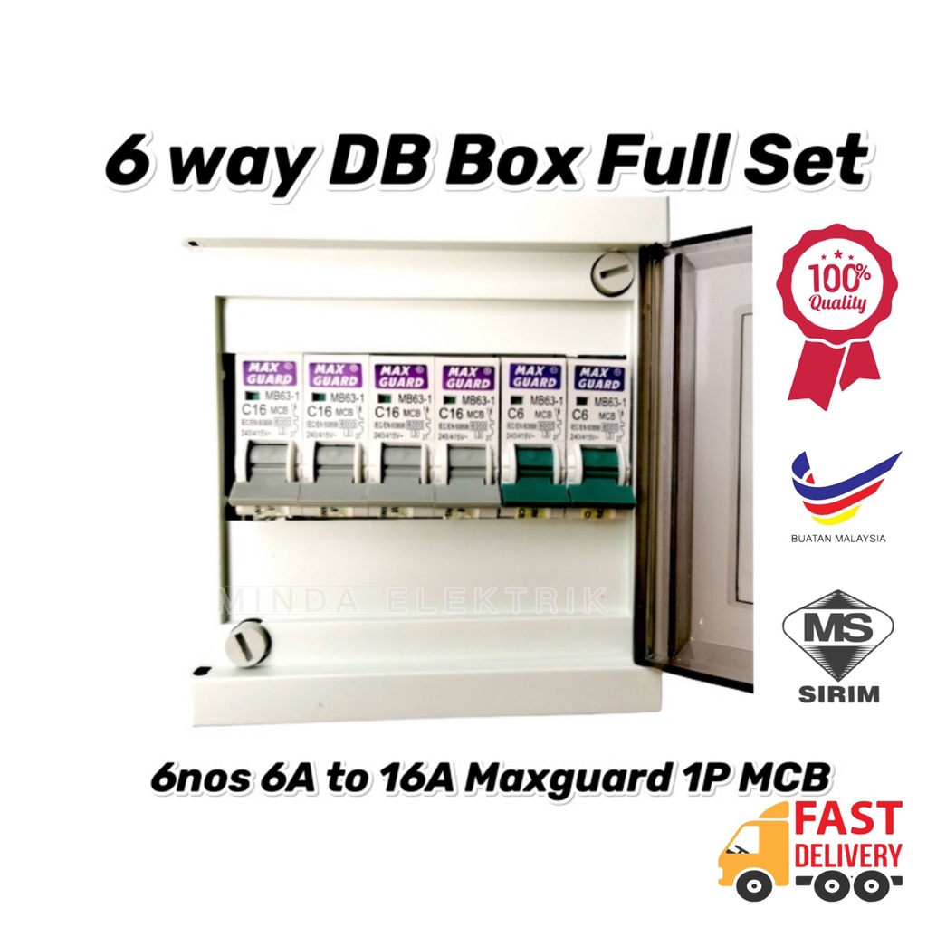 DB Box 6 way (Full Set) Maxguard 1P MCB 6A -16A Distribution board ...