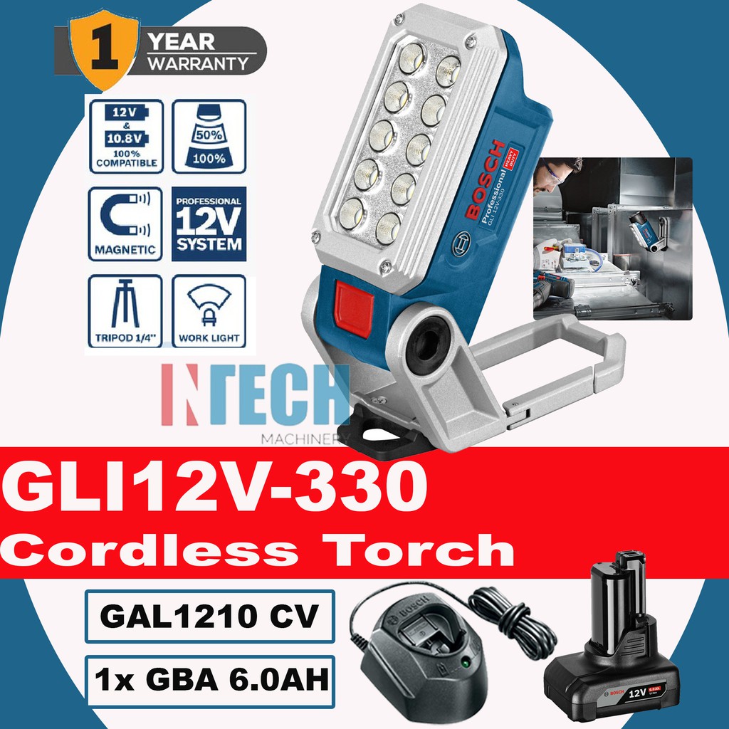 BOSCH GLI12V-330 CORDLESS TORCH 12V C/W GAL1210CV CHARGER + 1x 12V 6 ...