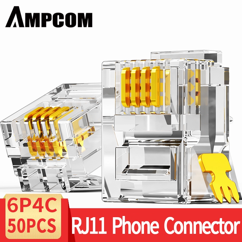 AMPCOM RJ11 Plug 6P4C Modular Phone Cord Connector Adapter Crimp ...