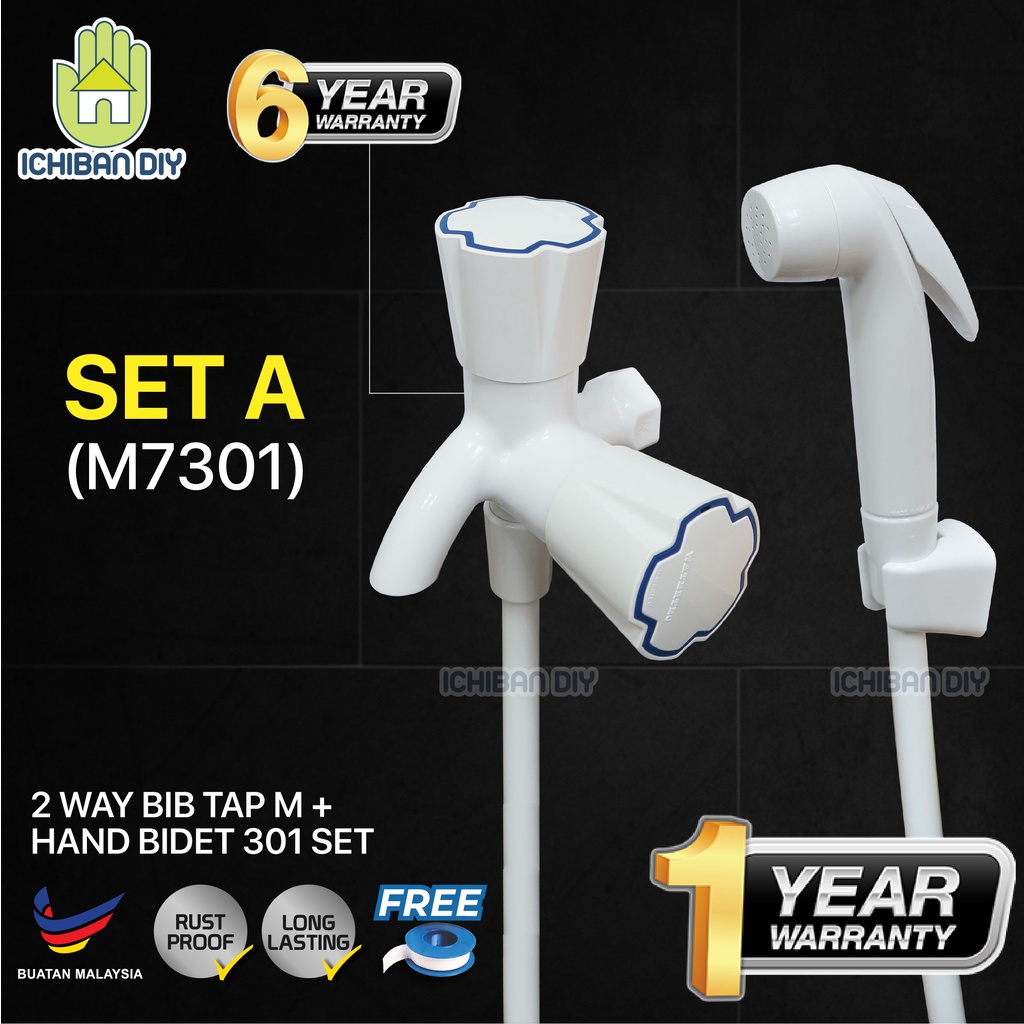 FULL SET TOILET BIDET SPRAYER M7 Bib Tap Two (2) Way Hand Bidet Shower Hose Bathroom Kepala Paip ...