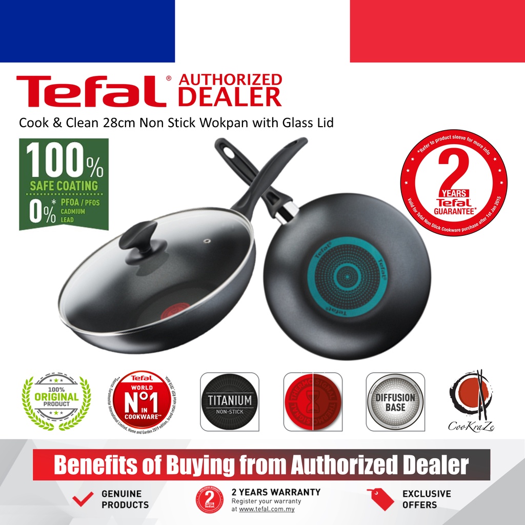 Tefal Cook & Clean Non Stick Wokpan with Glass Lid Cookware (28cm) B22572/B2257295 | Shopee Malaysia