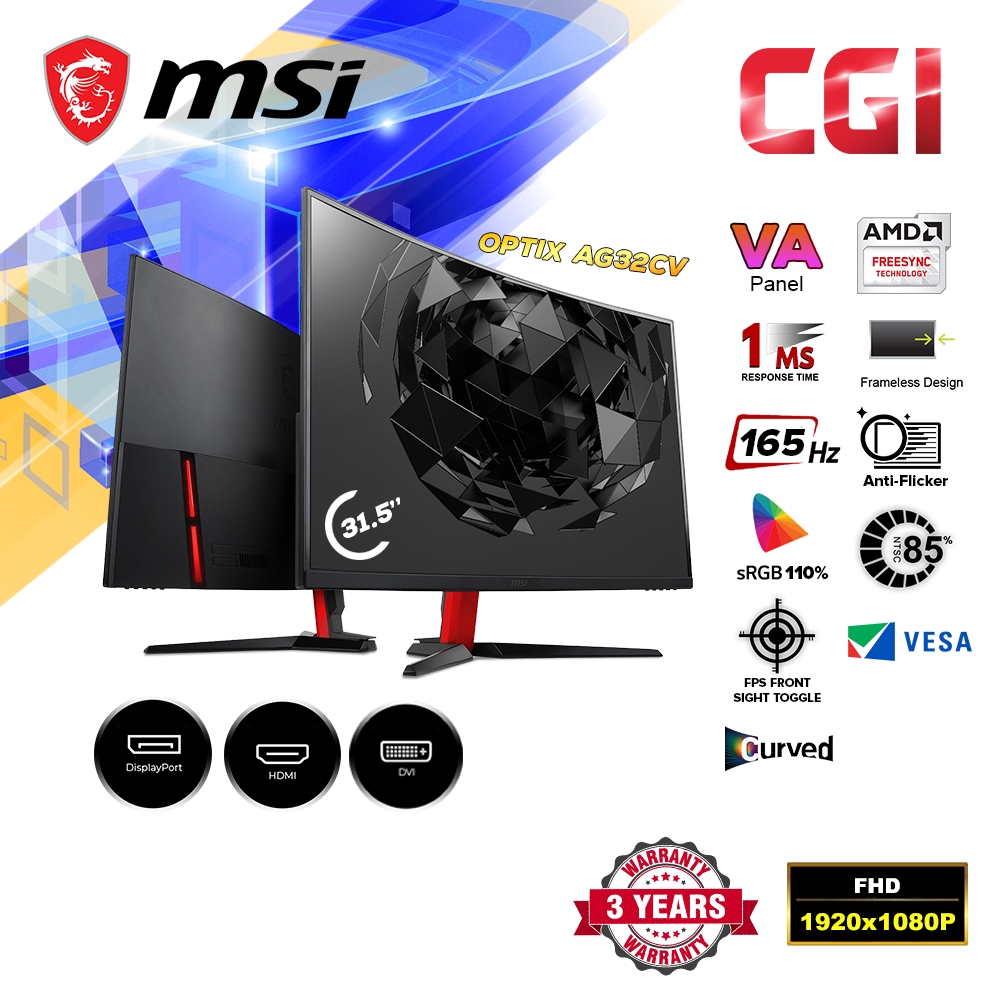 MSI Optix 31.5" AG32CV 165Hz 1ms FHD AMD FreeSync Curved Gaming Monitor ...