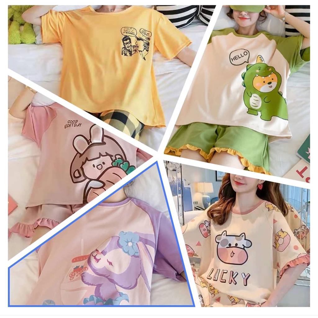 Ins 5XL Cute Pyjamas Lady Women Set Short Sleeves Baju Tidur Wanita ...
