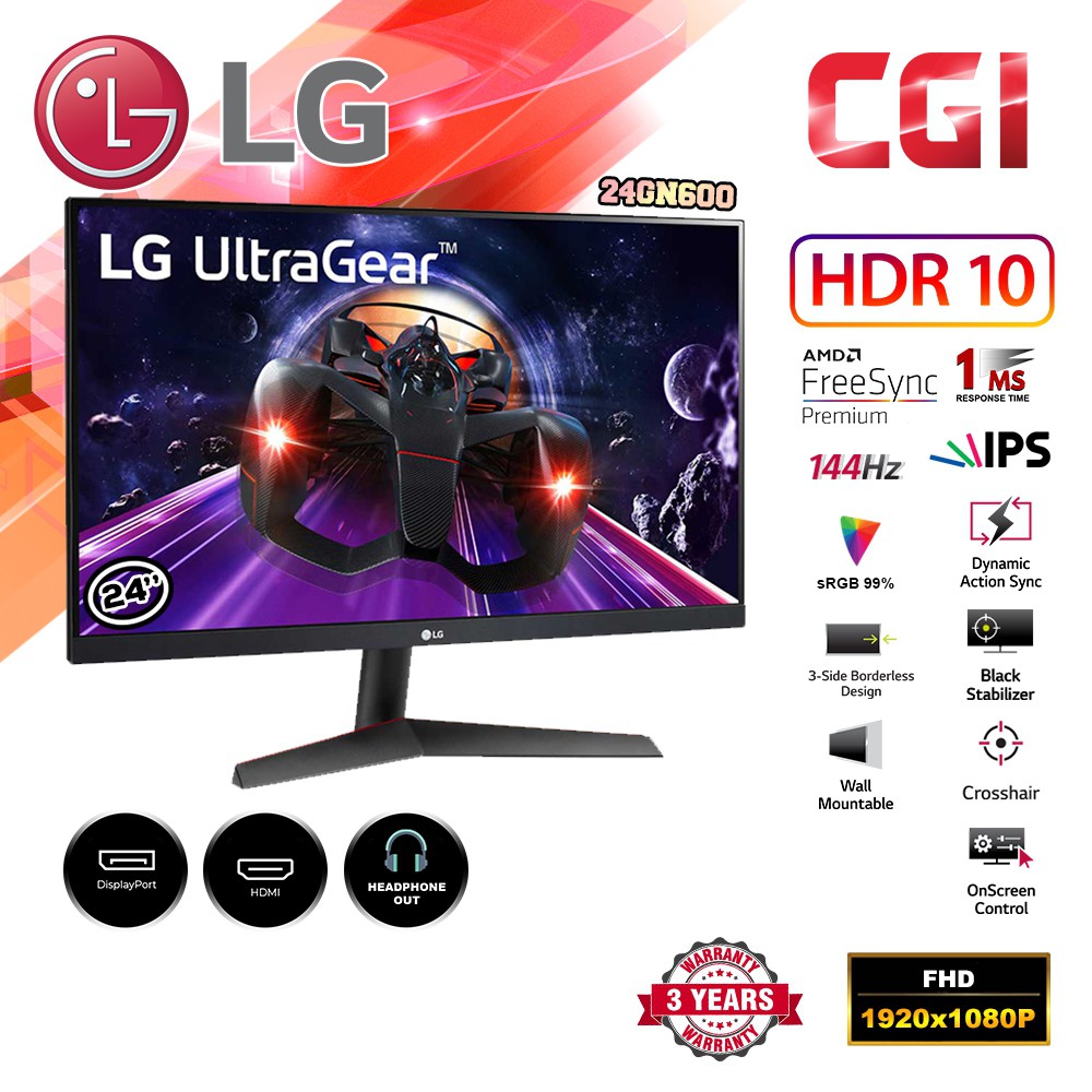 Lg 24" 24gn600 ultragear freesync fhd ips 1ms 144hz hdr monitor | BeeCost