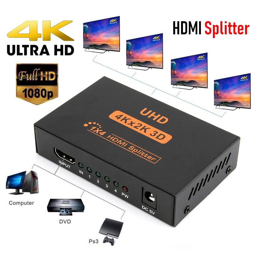 4K HDTV Splitter 1X4 4 Ports Full HD 1080p Repeater Amplifier Hub HDTV ...