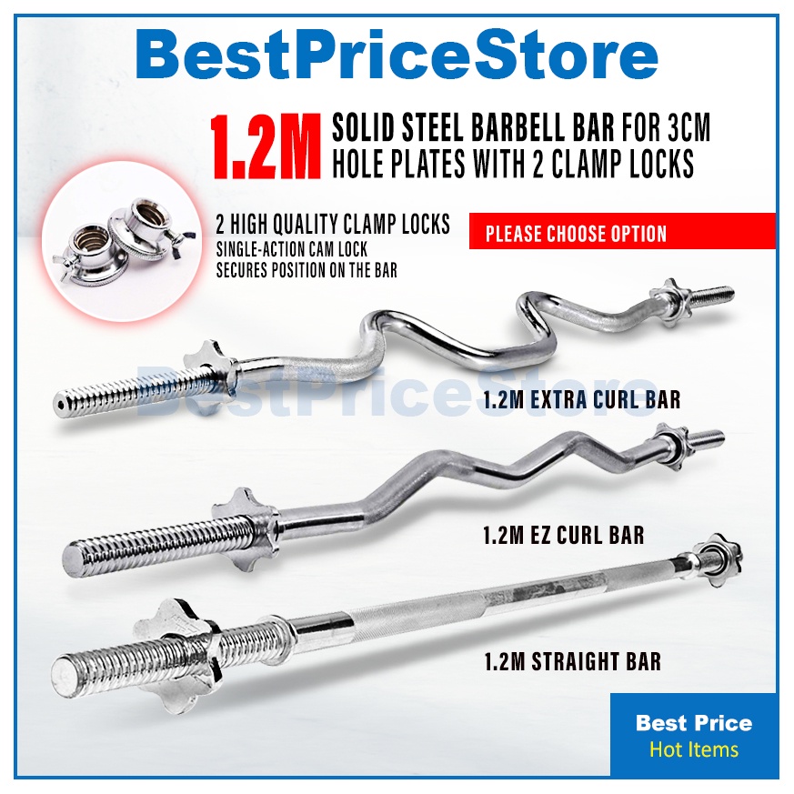 BPS Barbell Pole Bar Gym Grade 1.2m 3cm Chrome Plated Solid STRAIGHT ...