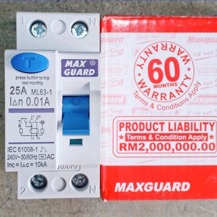 MAXGUARD 25A 2P ELCB RCCB 10mA SIRIM APPROVE (ELCB/RCCB WATER HEATER ...