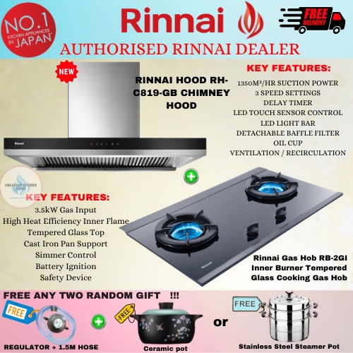 Rinnai Gas Hob RB-2GI Inner Burner Tempered Glass Cooking Gas Hob +Rinnai Cooker Hood Rh-819 cm ...