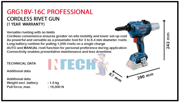 BOSCH GRG18V-16C / GRG18V16C BRUSHLESS MOTOR CORDLESS RIVET GUN 18V ** SOLO WITHOUT BATTERY AND ...