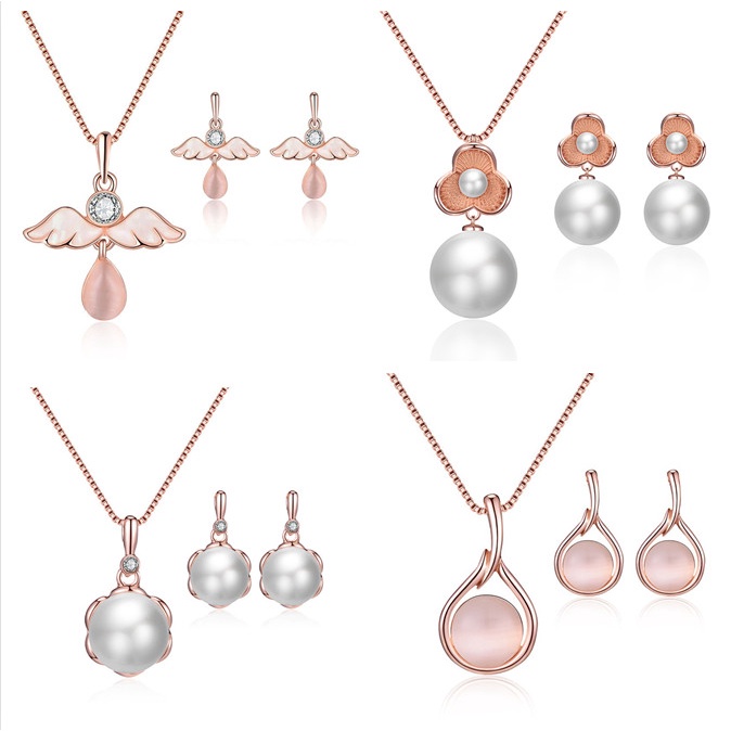 SSA Korean Necklace Pink Crystal Gemstone Pearl Pendant Rose Gold Chain ...