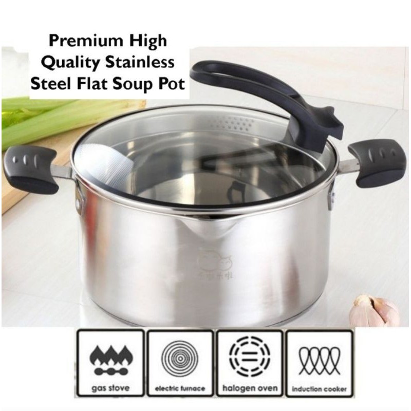 Soup Pot Stainless Steel Stew Pot Periuk Masak 22cm/24cm Thickened Flat ...