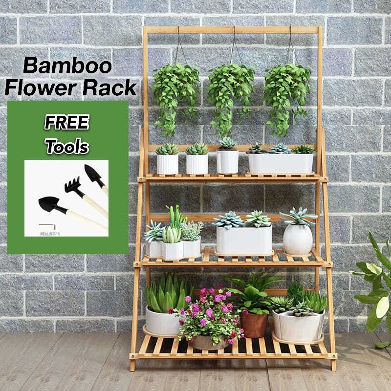 Bamboo Flower Garden Rack Rak Pasu Bunga Bertingkat Potted Plant Stand ...