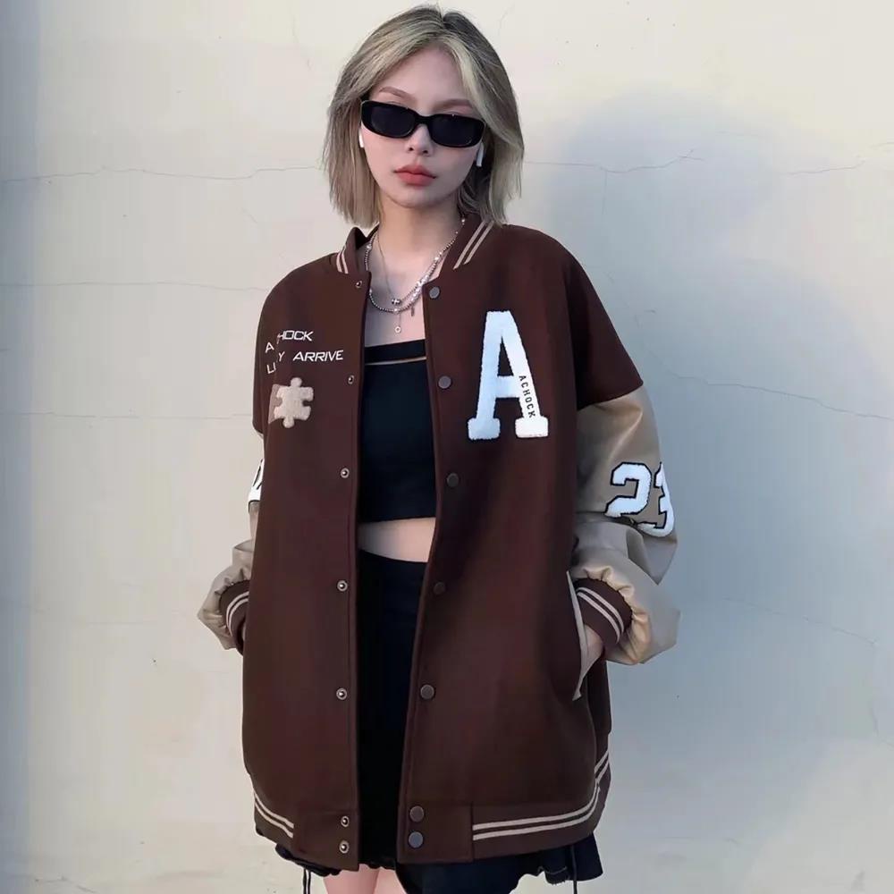American Retro Street Brown Letter Print Baseball Jacket Women's Autumn ...