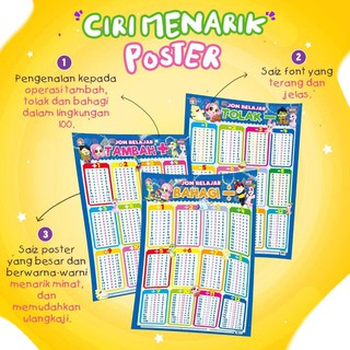 Poster Belajar Matematik Sifir l Tambah l Tolak l Bahagi l Nombor 123 l ...