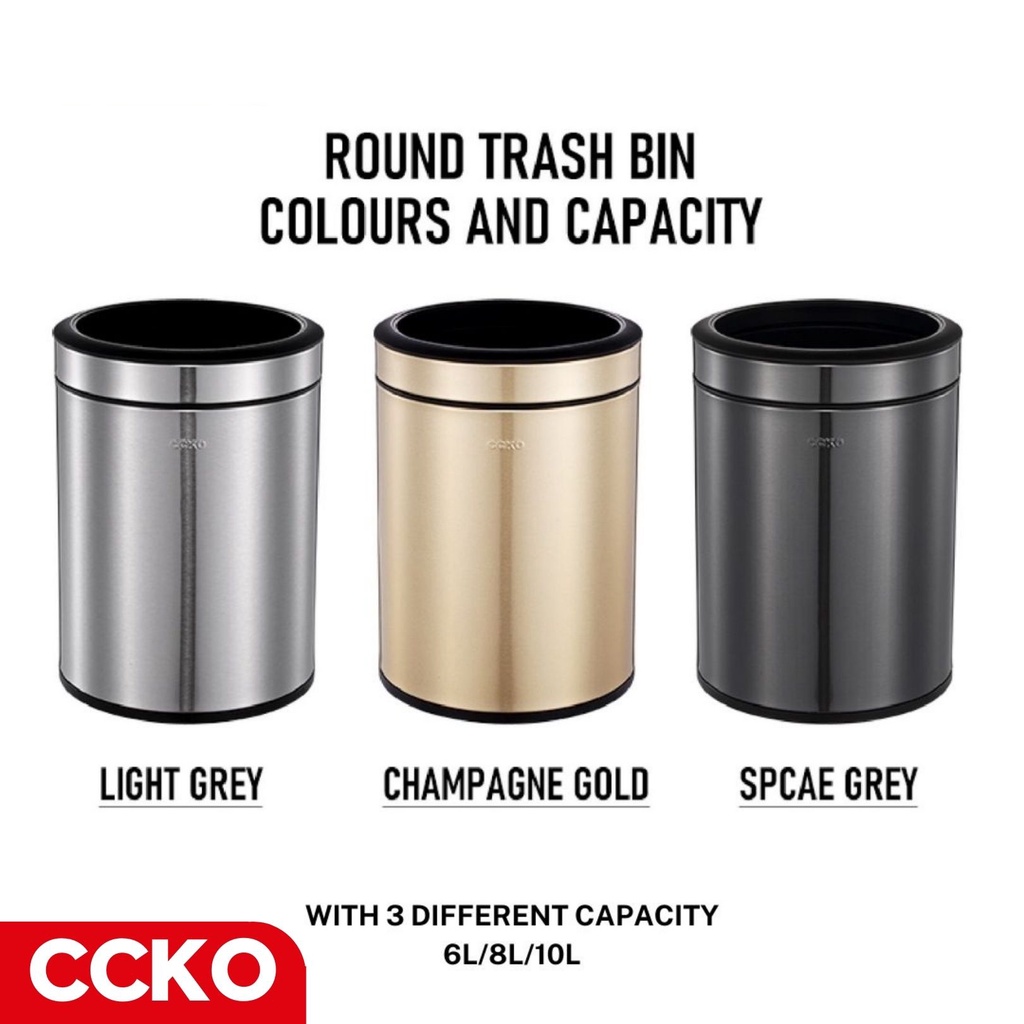 CCKO Open Top Bin (No Cover) Stainless Steel Rubbish Bin Double Layered ...