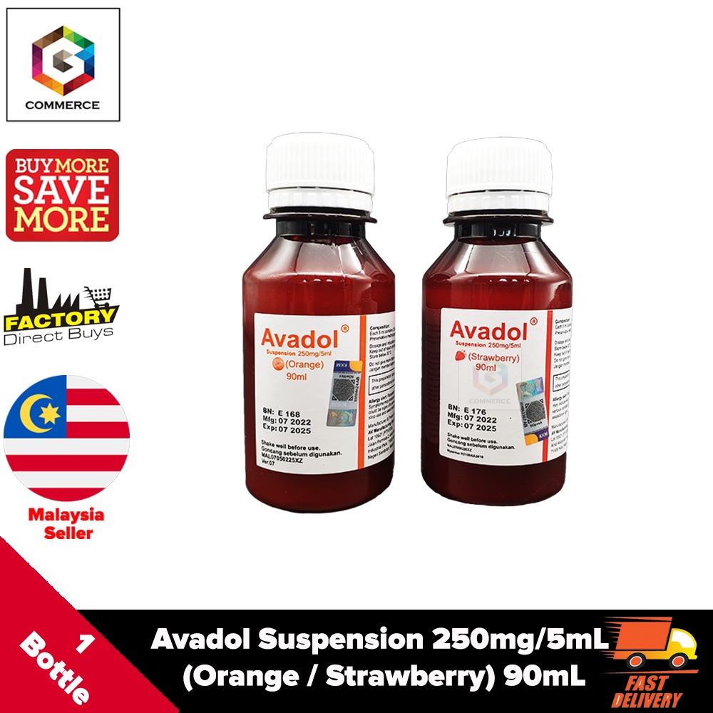Avadol Paracetamol Suspension 250mg/5mL (Orange / Strawberry) 90mL ...