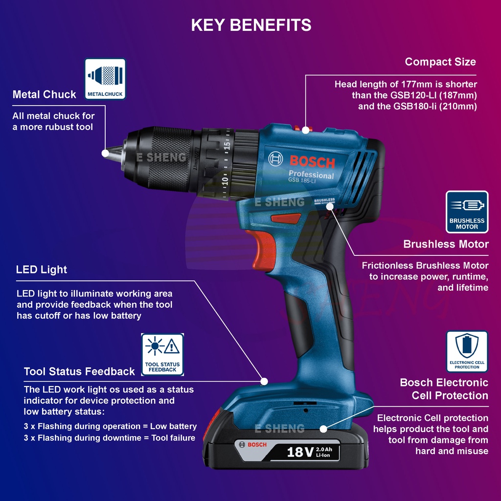 Bosch GSB185-LI Brushless Cordless Drill Driver GSB 185-LI Impact Drill ...
