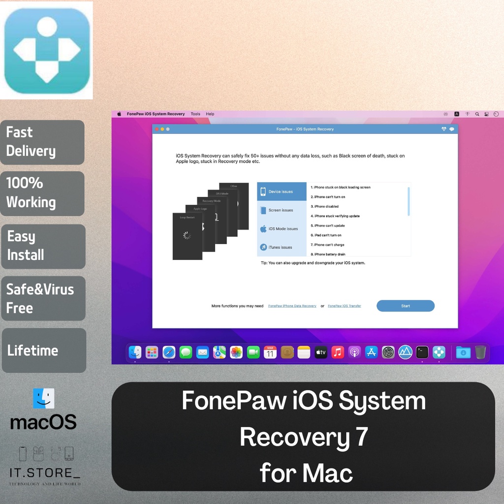 FonePaw iOS System Recovery 7 Lifetime for Intel and M1 Chip Apple Silicone MacOs/Macbook/Mac ...