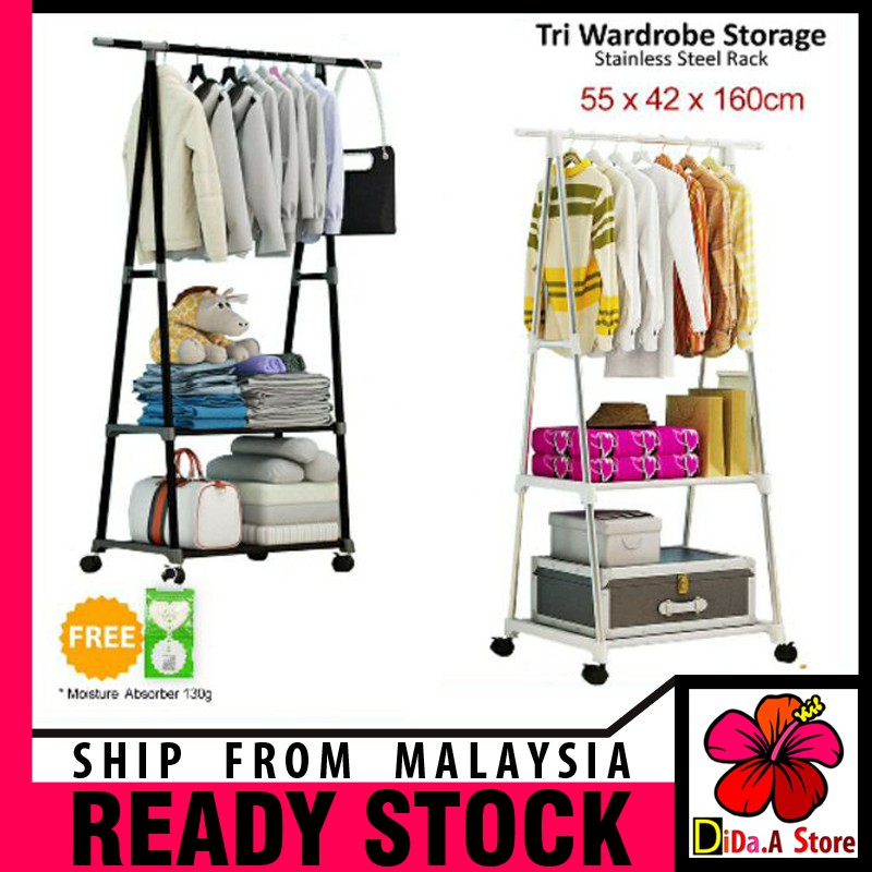 Rak Pakaian / Wardrobe Storage Stainless Steel Rack Wheel / Almari ...