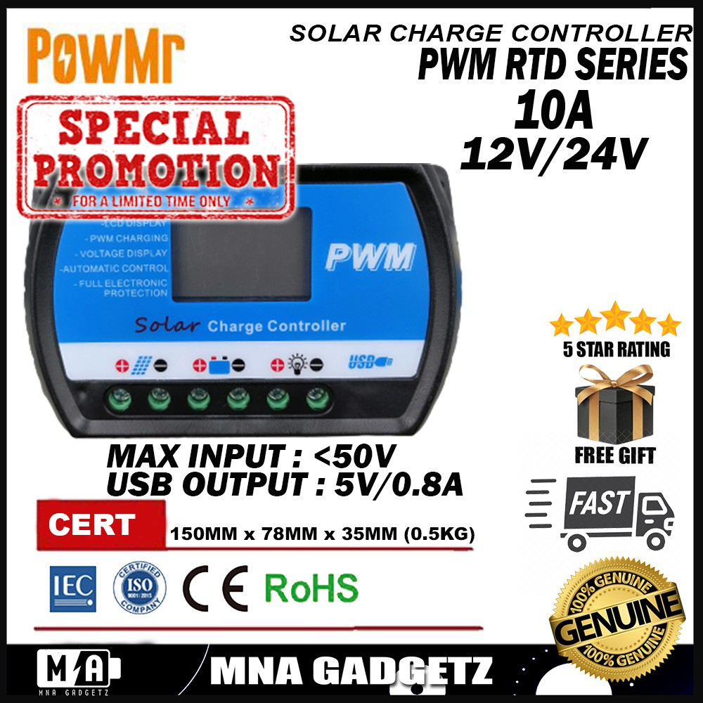 POWMR SOLAR CHARGE CONTROLLER PWM RTD SERIES 10A 20A 3OA 12V 12VOLT 24V 24VOLT 24VOLTAGE USB ...