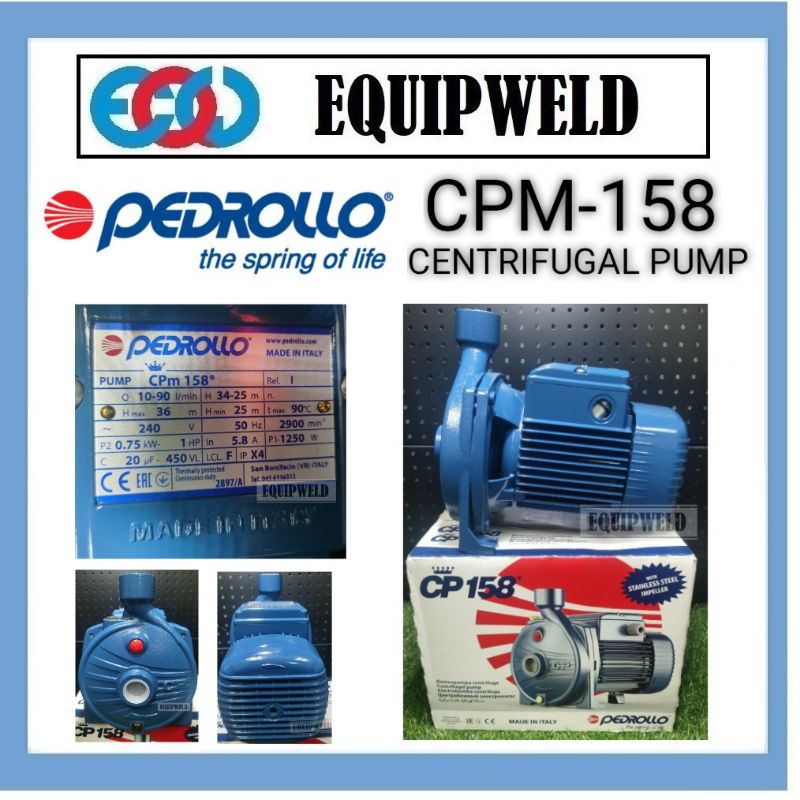 Pedrollo CPM-158 Centrifugal Pump Water Pump (Made In Italy) 1.0HP 750W 1" IN 1" OUT (Low/Medium ...