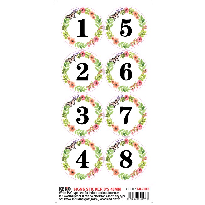 FANCY FLOWER TABLE NUMBER STICKER WITH MATTE LAMINATED 1 TO 8, 48MM dia ...