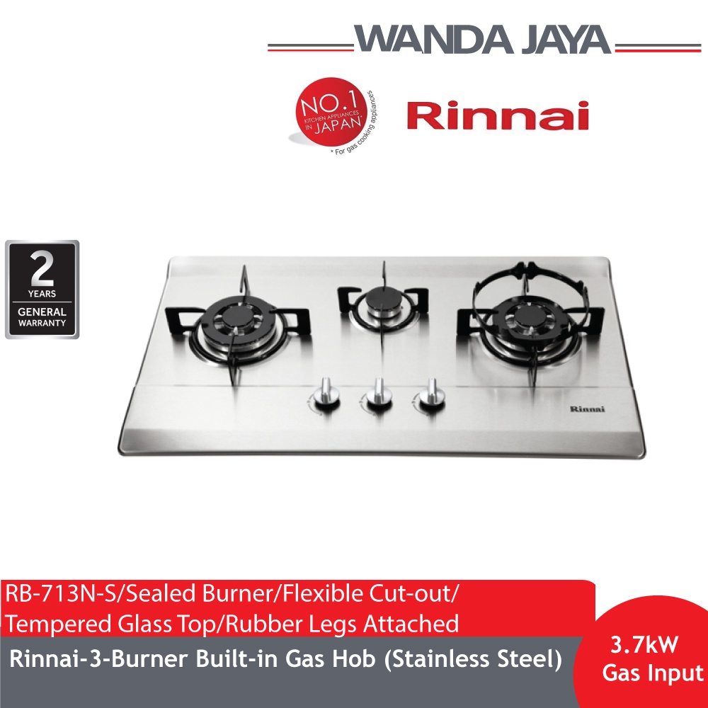 RINNAI 3-Burner Built-in Gas Hob (Stainless Steel) RB-713N-S RB713NS Home Stove / Safety Hob ...