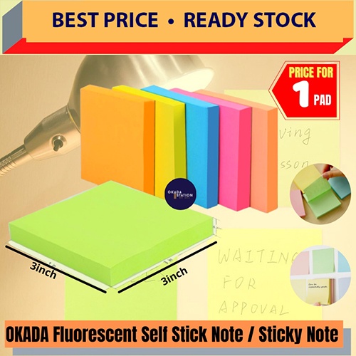 OKADA 3x3 Sticky Notes Fluorescent Colour / Colourful Sticky Note ...