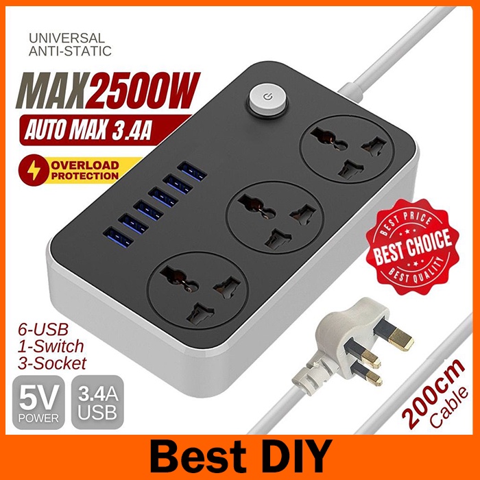 6 Usb Port 3 Universal Power Strip Extension Plug Power Socket Electric