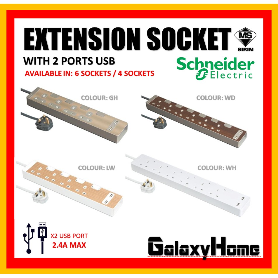 SCHNEIDER AVATARON 6 / 4 GANG 13A EXTENSION TRAILING SOCKET WITH 2 USB ...