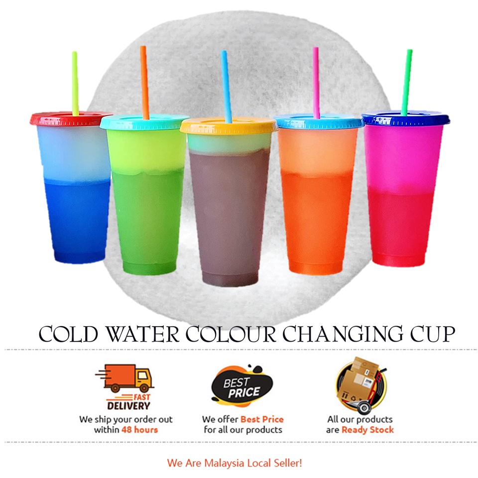 COLOUR CHANGING CUP REUSEABLE CUP WITH LID AND STRAW FOOD GRADE PLASTIC ...