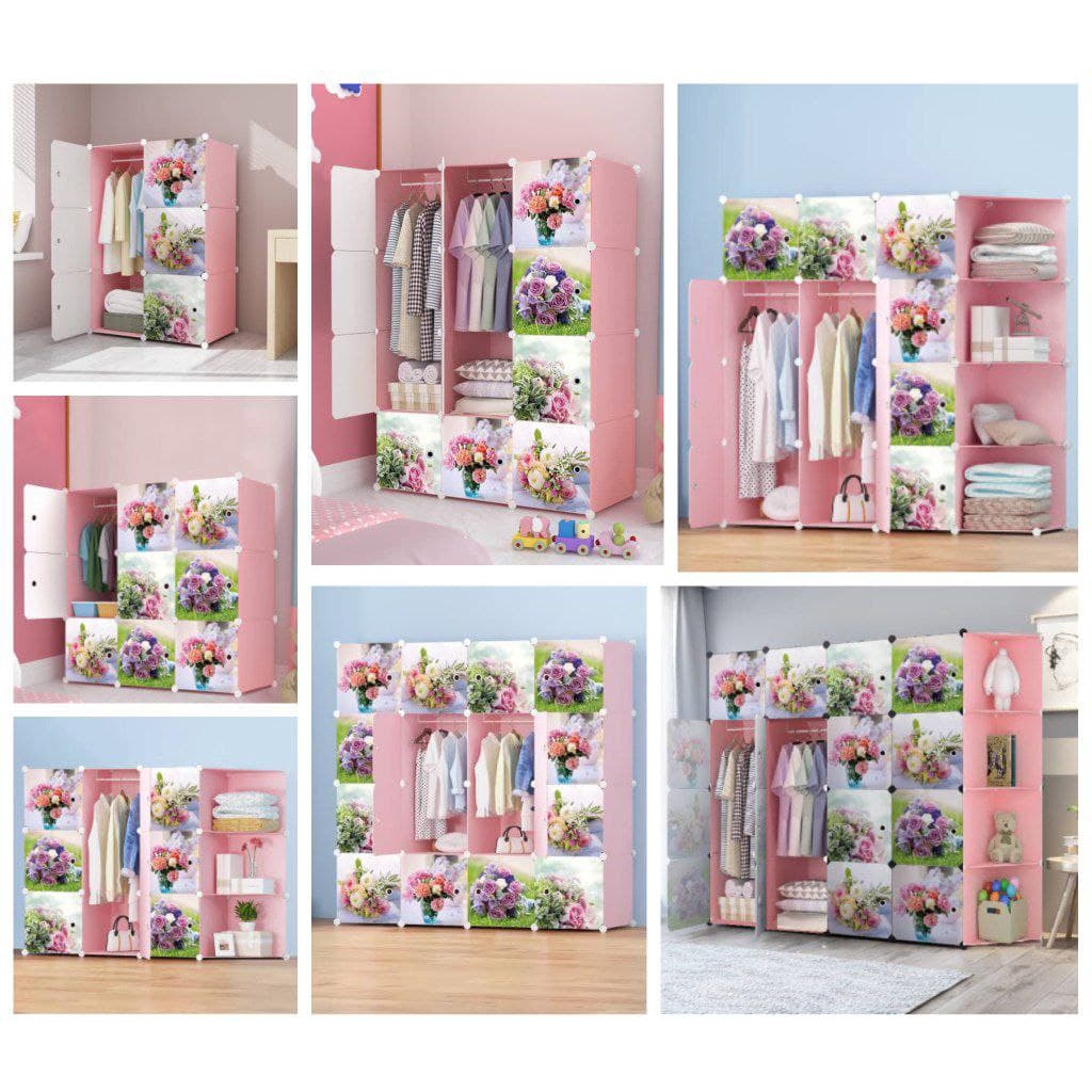 🇲🇾READY STOCK🇲🇾 💘 FLOWERY ROSES PINK CUBE DIY WARDROBE WITH RAIL HANGER ...