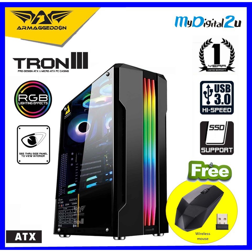 Armaggeddon Tron III ATX Gaming PC Case with Tempered Glass Side Panel ...