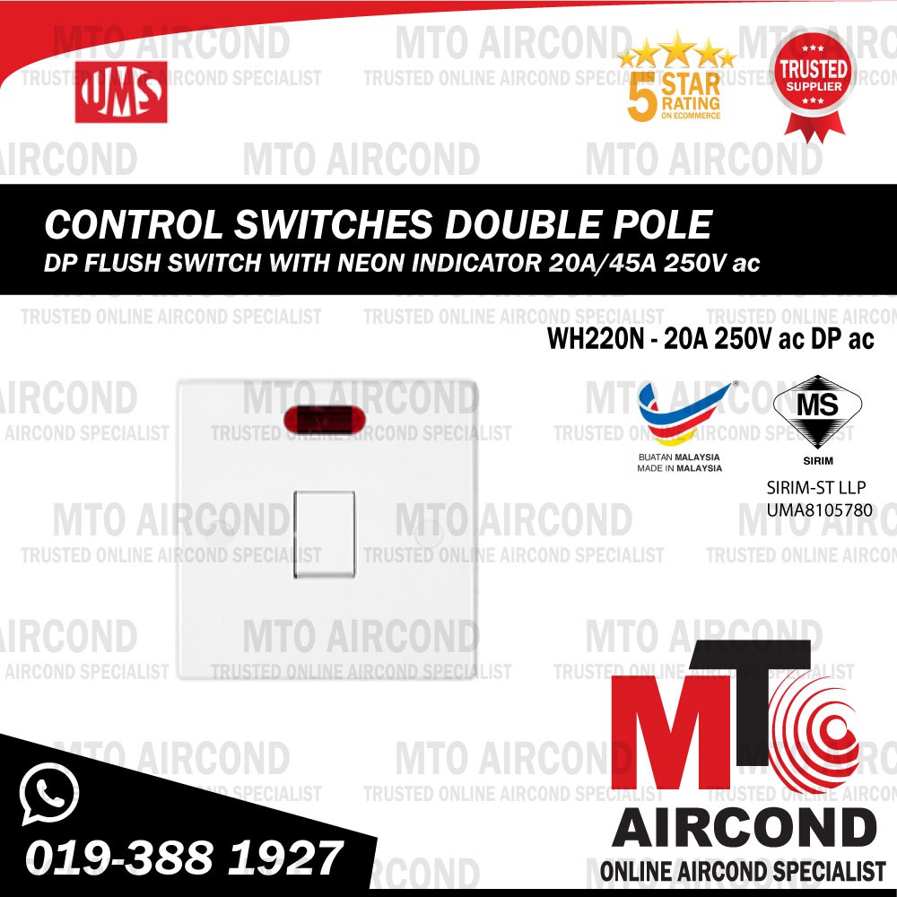 Ums control switches / dp flush switch with neon indicator 20a 250v ac ...