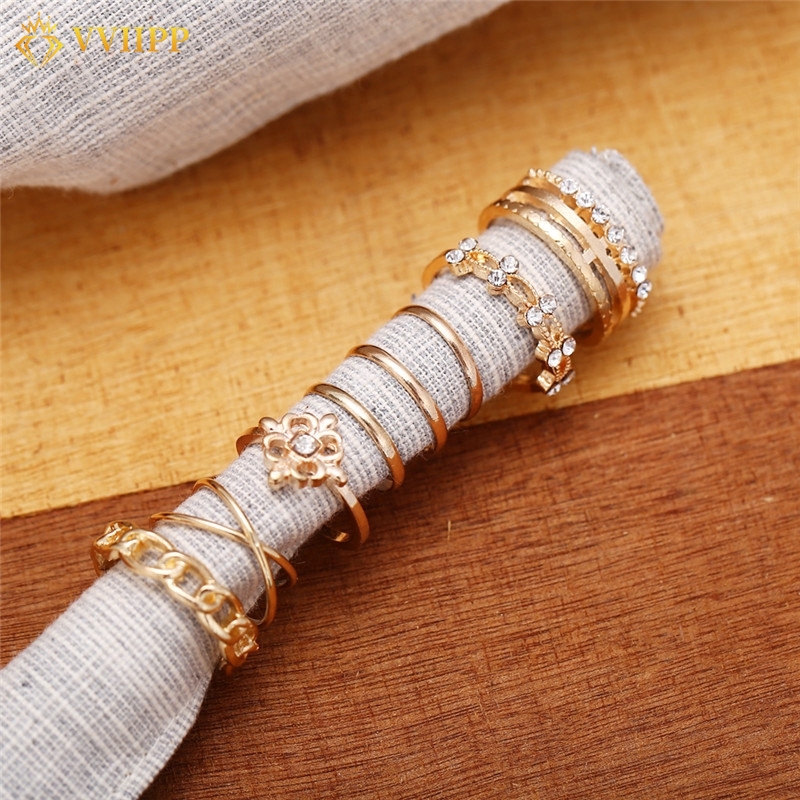 Multilayer Fashion Crystal Vintage Rings Set Golden Women Elegant ...