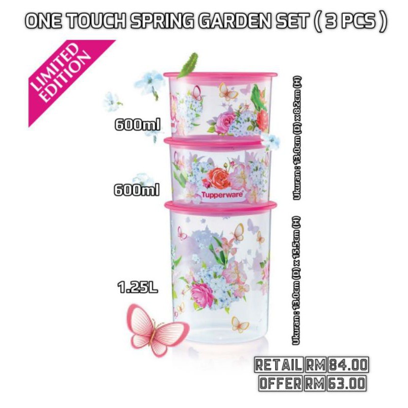 Tupperware Spring Garden One Touch Topper Canister 3L Food container Bekal Tupperware Kedap ...