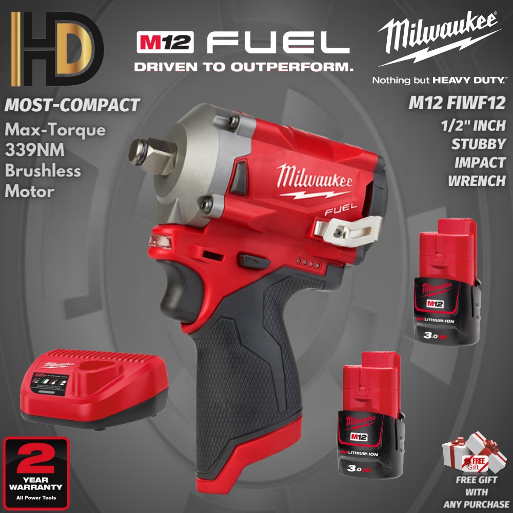 Milwaukee M12 FIWF12 Fuel 1/2" Stubby Impact Wrench 339NM / Brushless ...