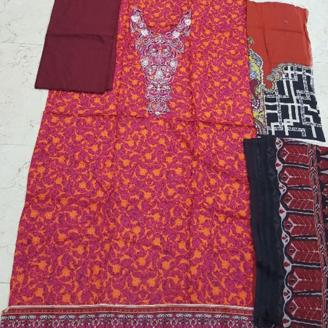Pakistani designer embroidered lawn material with soft chiffon duppatta ...