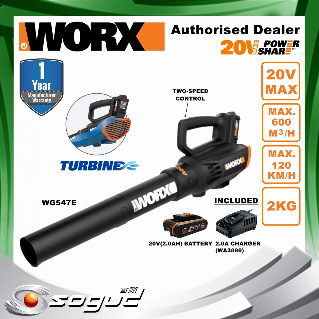 Worx Wg547e 20v Max Cordless Leaf Blower Turbine Two Speed Control Wg