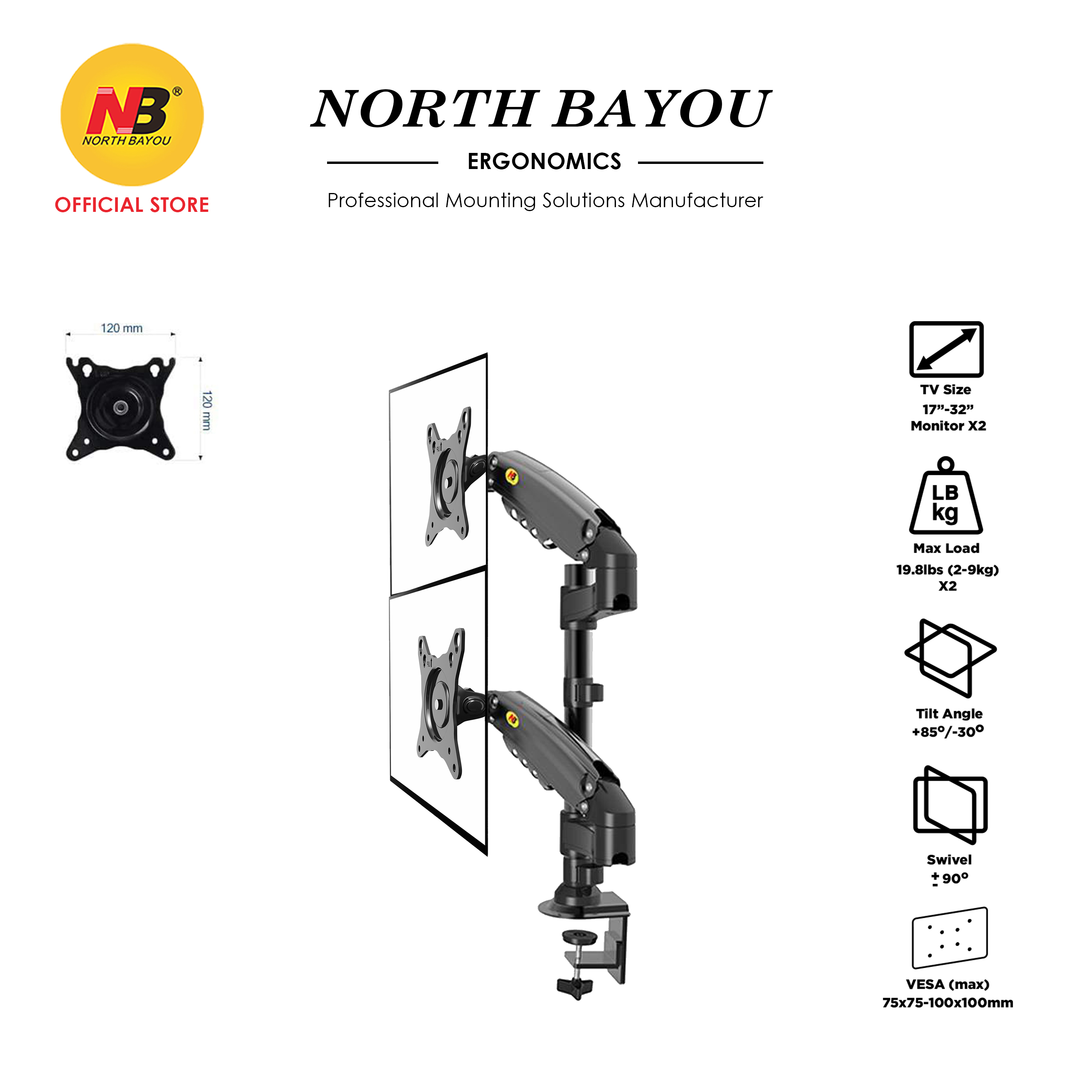 Nb north bayou h160 gas spring desktop 30" dual monitor holder arm ...