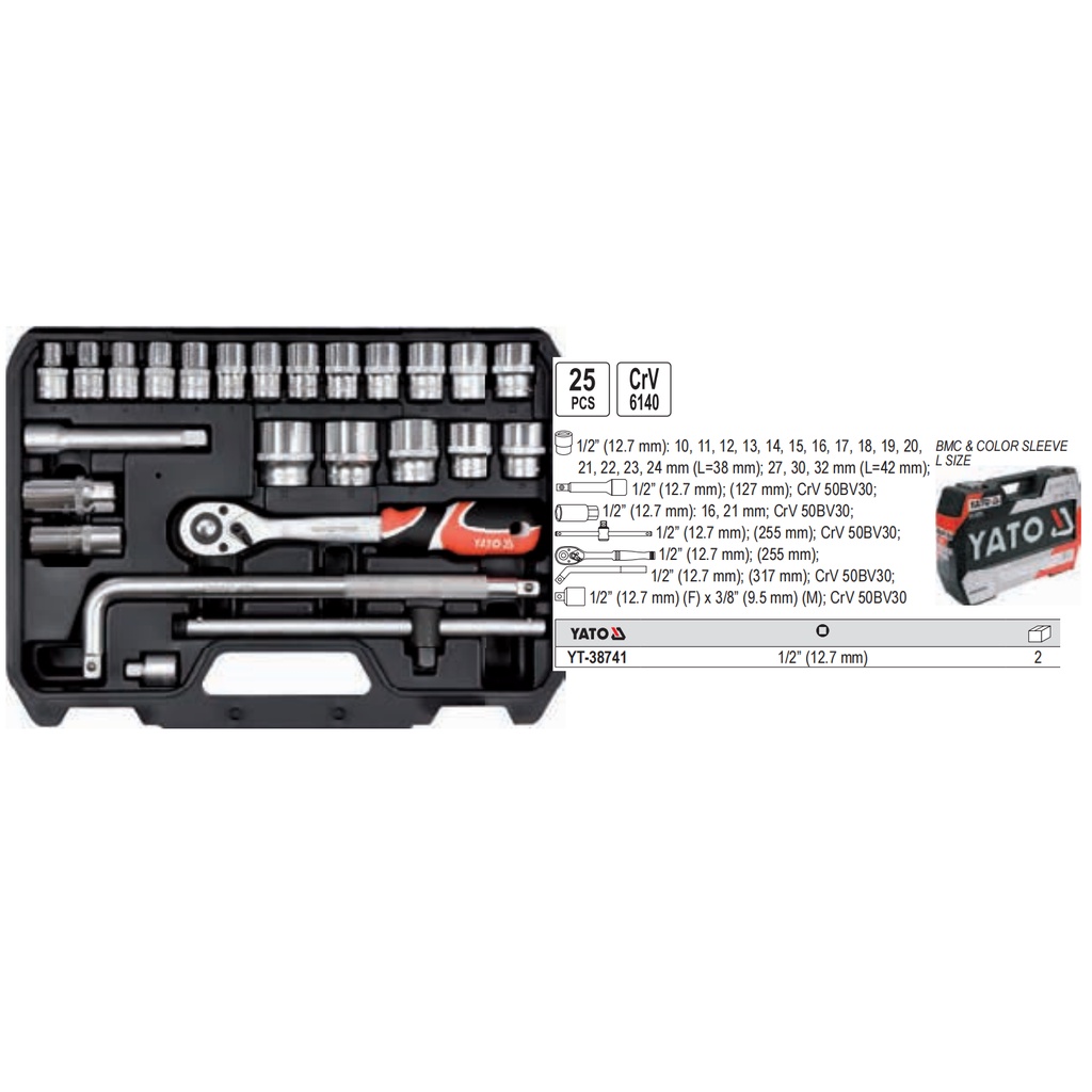 yato 1/2"inch 25 pcs yt 38741 socket set tool box quick release wrench ...