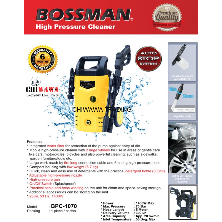 BOSSMAN BPC1070 1400W High Pressure Cleaner Water Jets Sprayer B-PC ...