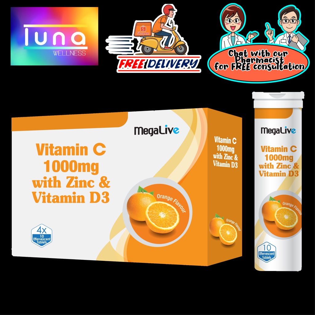 MEGALIVE Vitamin C 1000mg with Zinc and Vitamin D3 Effervescent Tablet | Shopee Malaysia