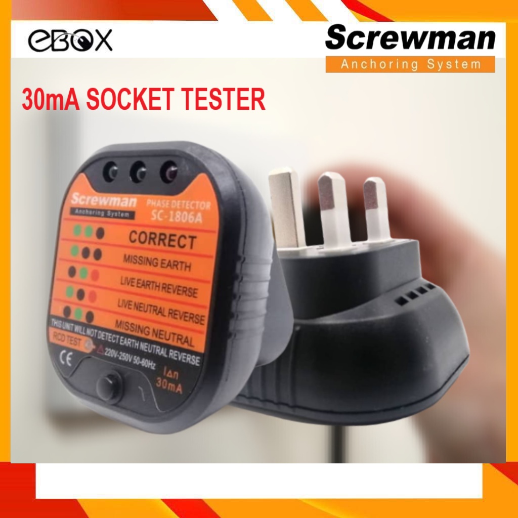 Screwman British Standard 3Pin 13Amp ELCB RCD Socket Tester ELCB Tester ...