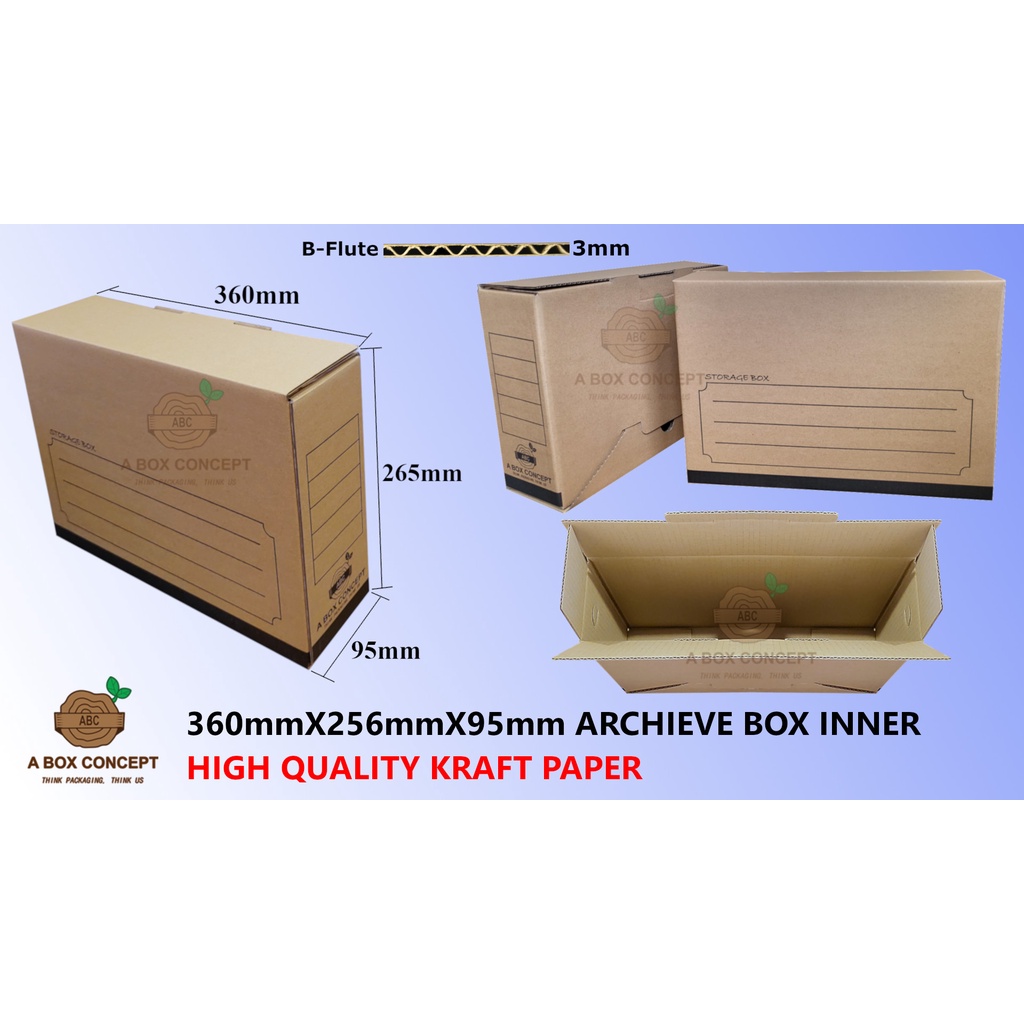 360mmX265mmX95m ARCHIVE BOX Die-cut B-FLUTE 3MM Paper Brown File Filing ...